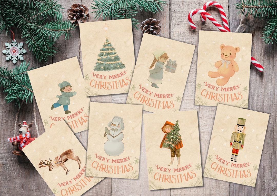 Printable Vintage Christmas Cards Set, Vintage Folded Card, Christmas ...