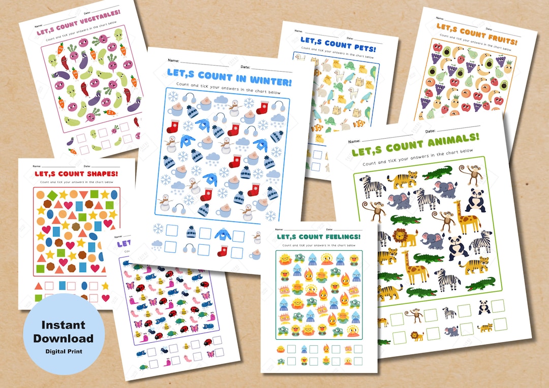 Let's Count Worksheets, Counting Activity, Set of 8 Educational Posters ...