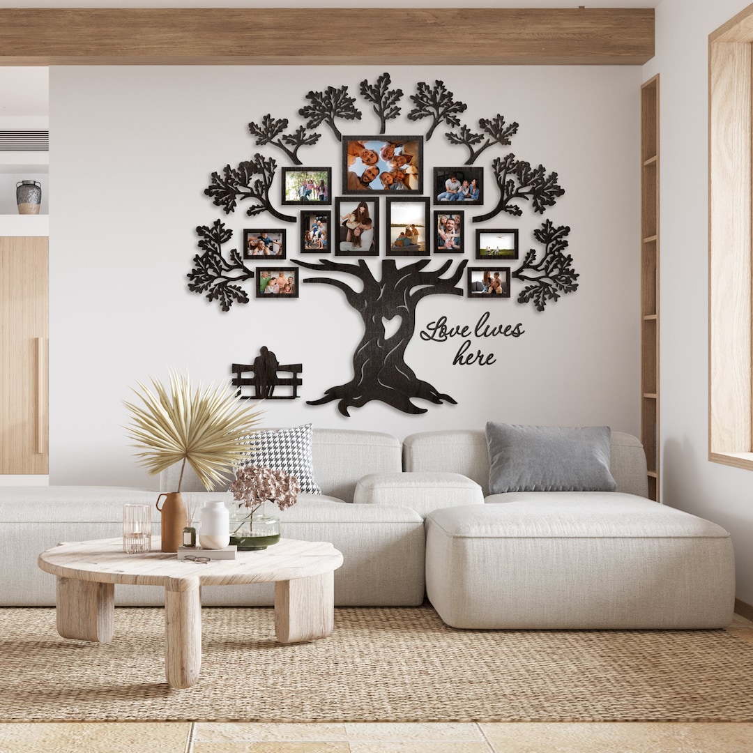 Large Wooden Family Tree Wall Art With Photo Frames | Oak Plywood ...