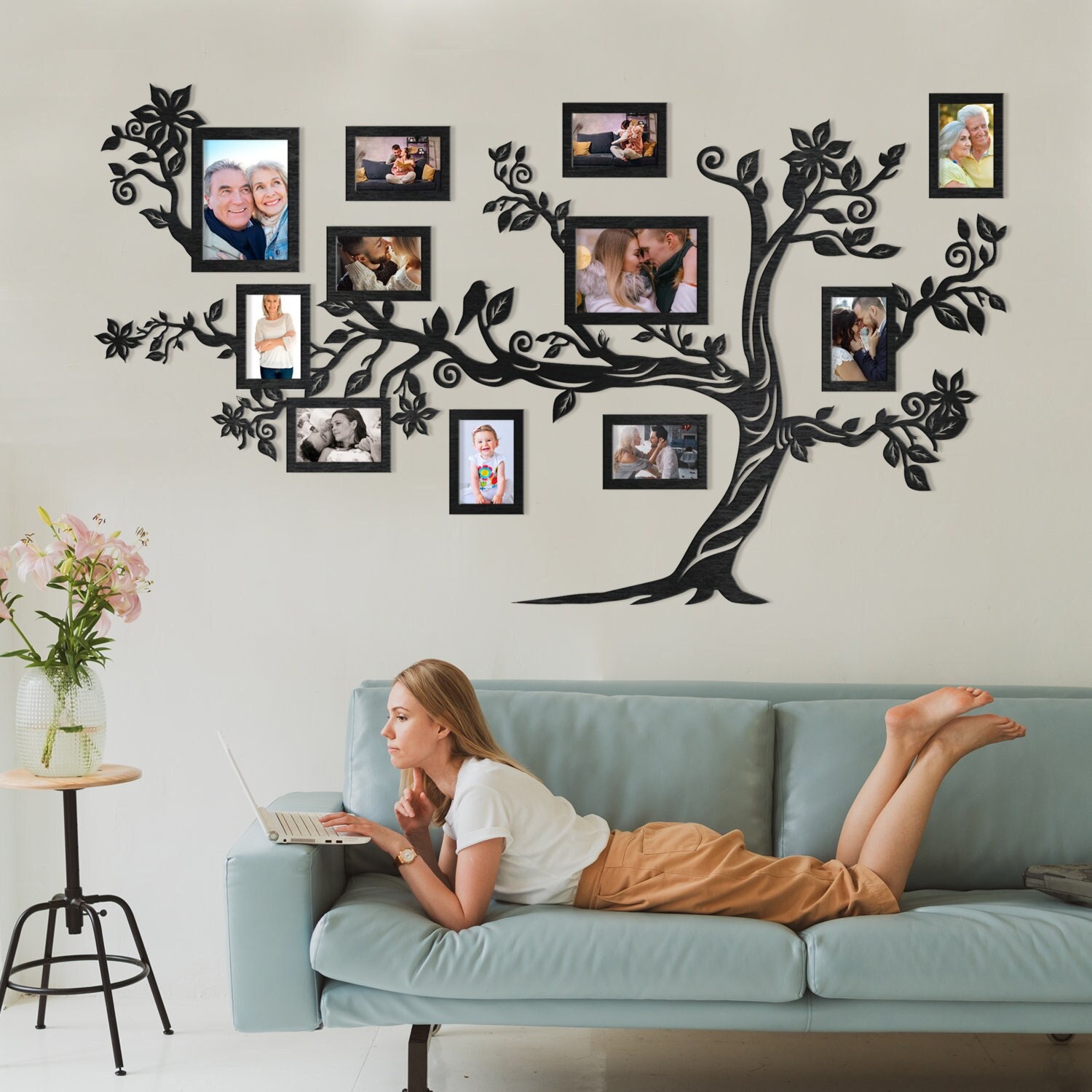 Family Tree Art, Wooden Family Tree With Photo Frames, Large Tree of ...