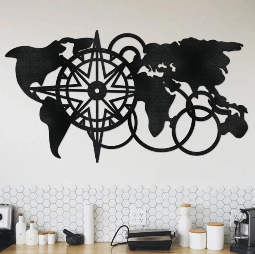 Compass Wall Art – Wooden World Map Panel, Eco-friendly Modern Decor ...
