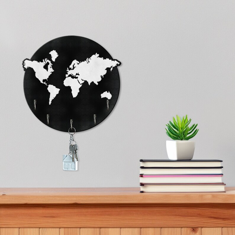 Wooden Wall Key Holder With Hooks – Modern Black Wood Key Rack, Rustic ...