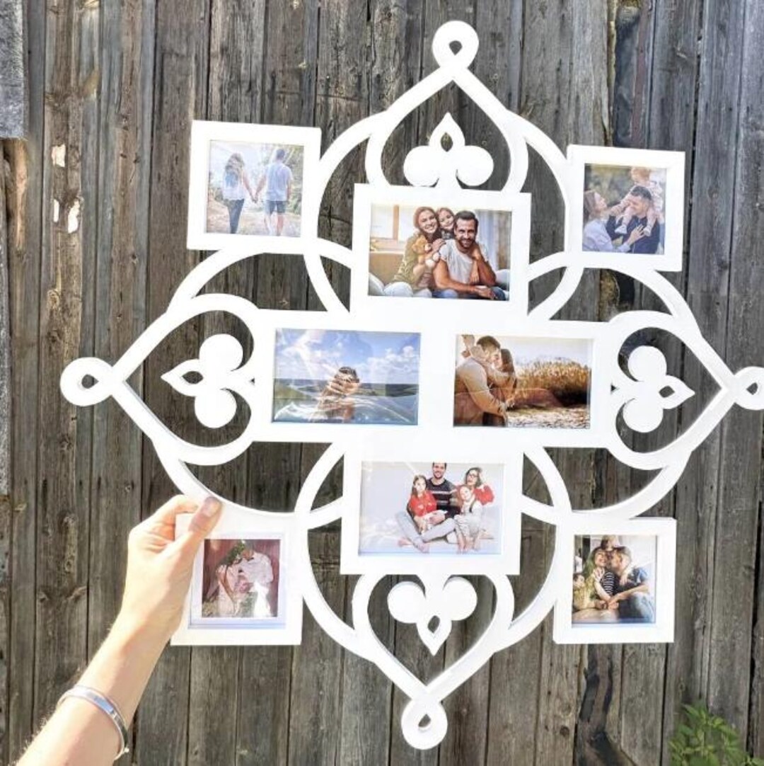 Eco Boho Wall Collage Frame – White Laser Cut Floral Photo Holder ...