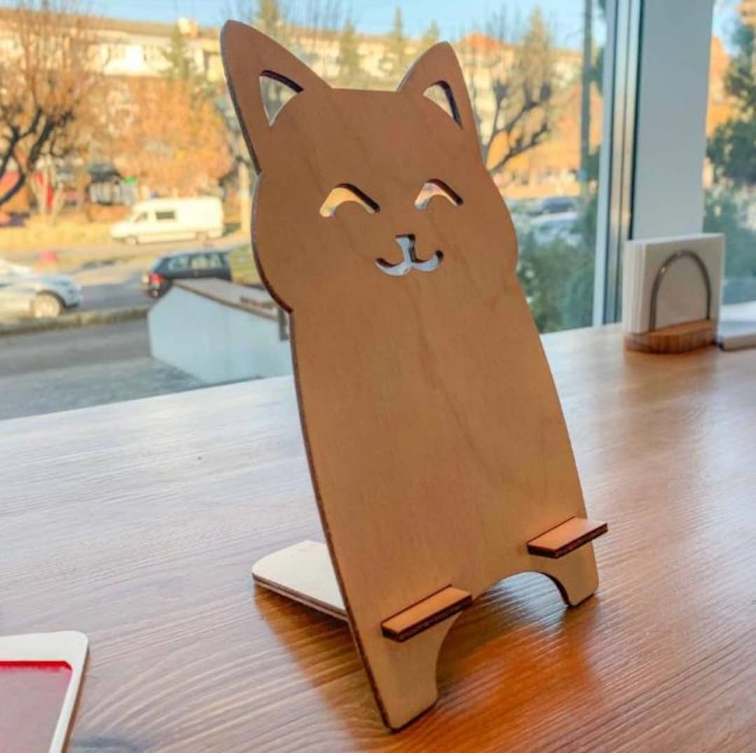 Wooden Cat Phone Stand – Eco-friendly Tablet Holder, Laser Cut Desk ...