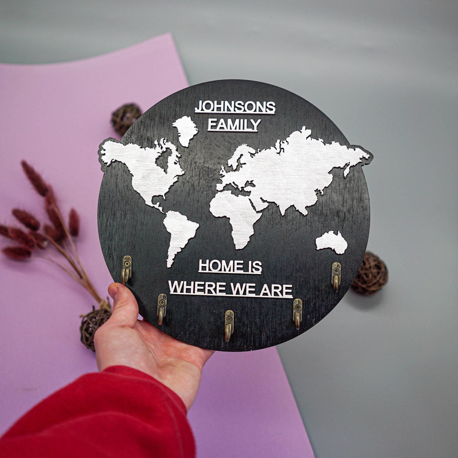 The World Map Wooden Key Holder for Wall Family Key Holder - Etsy