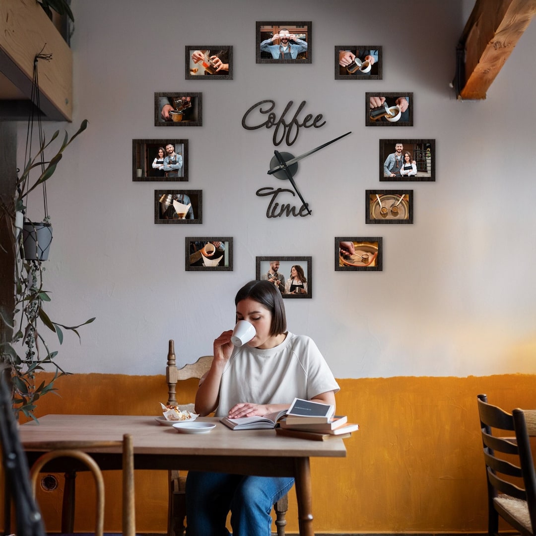 Personalized Coffee Bar Clock Sign With Photoframes, 3D Round Wooden ...