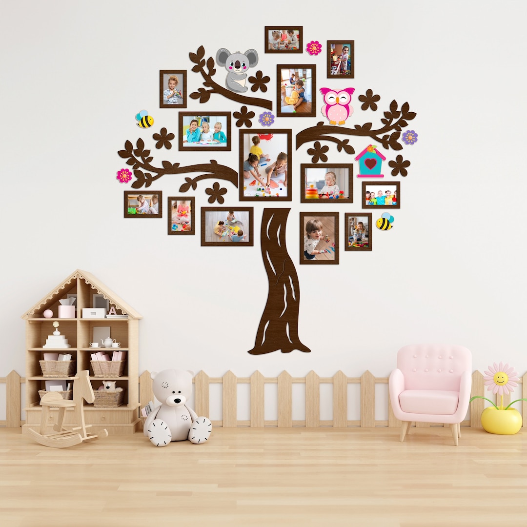Nursery Kids Wall Art, Tree With Photoframes and Animals, Childrenroom ...