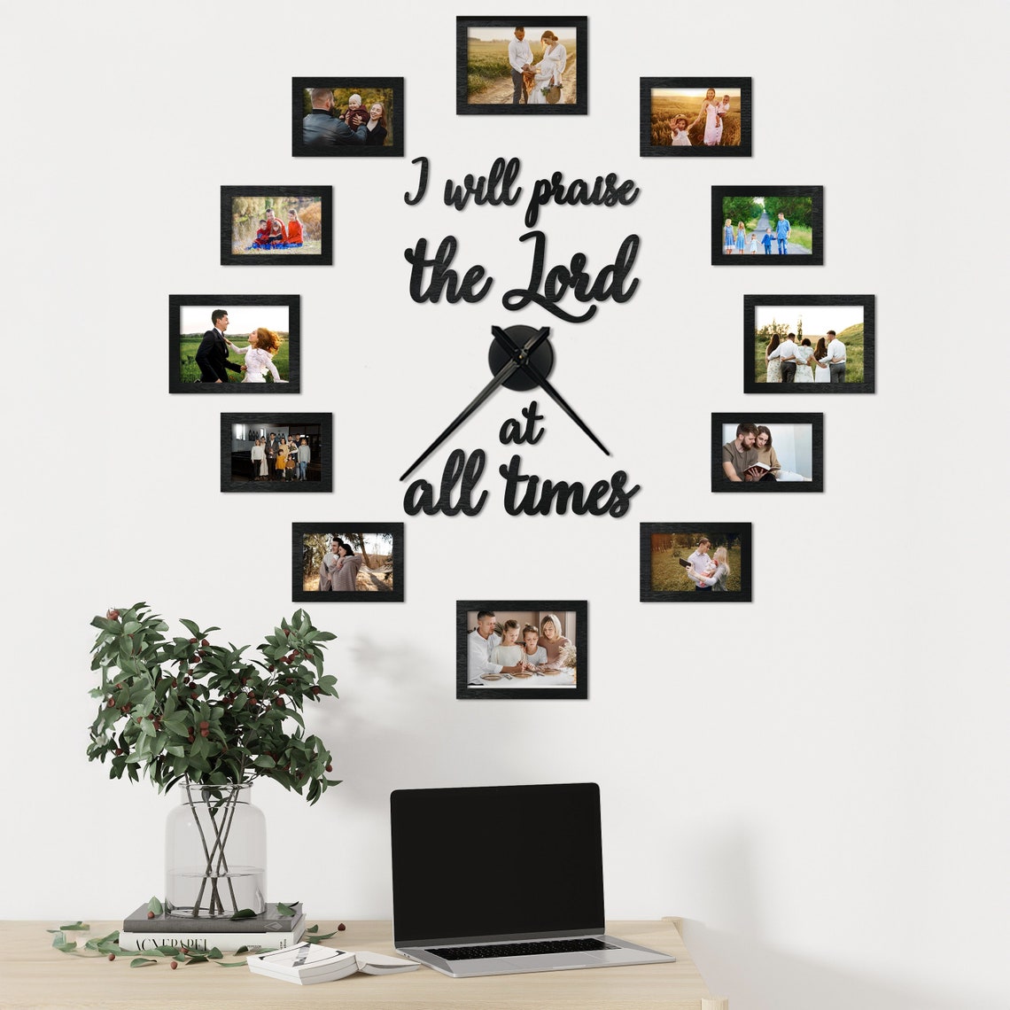 Psalm 34:1 Christian Wall Clock With Photoframes, Bible Verse Decor ...