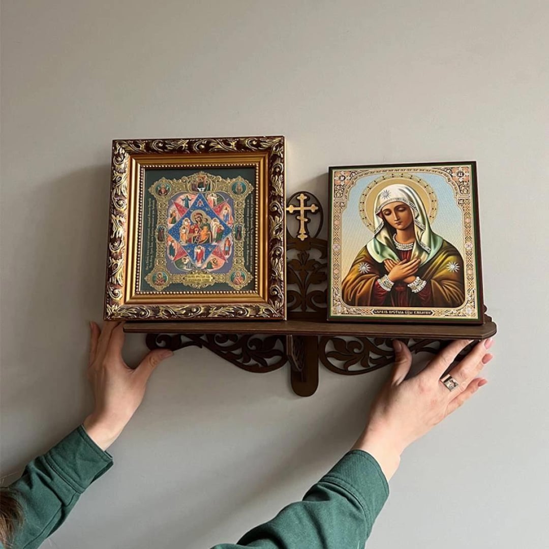 Small Wooden Home Altar Shelf, Orthodox Icon Holder With Cross, White ...