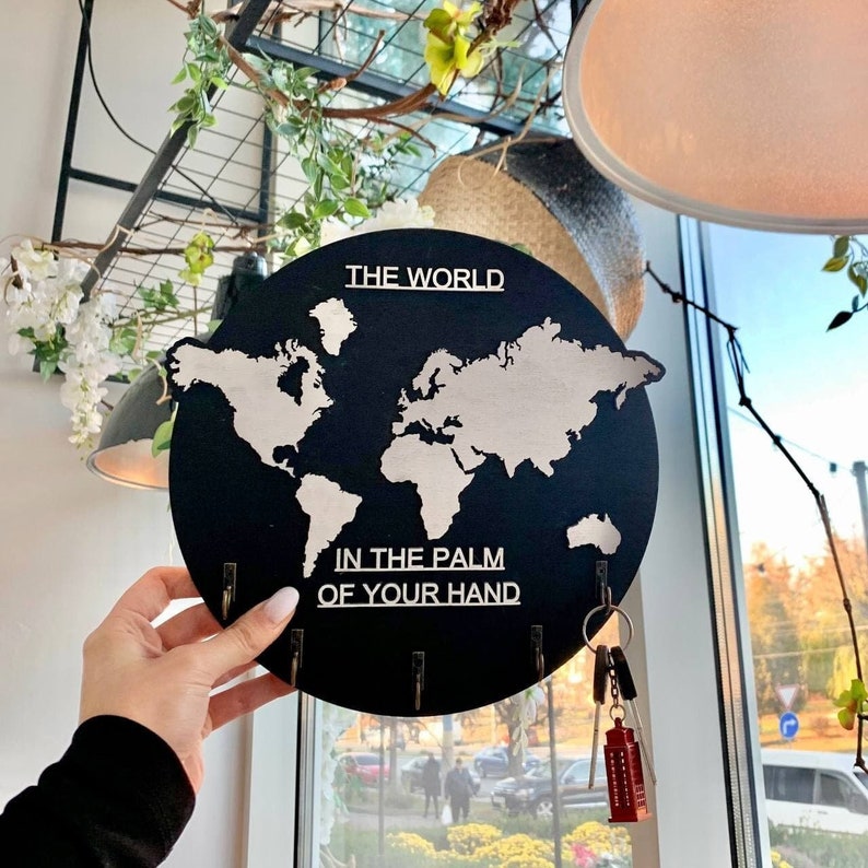 The World Map Wooden Key Holder for Wall Family Key Holder - Etsy