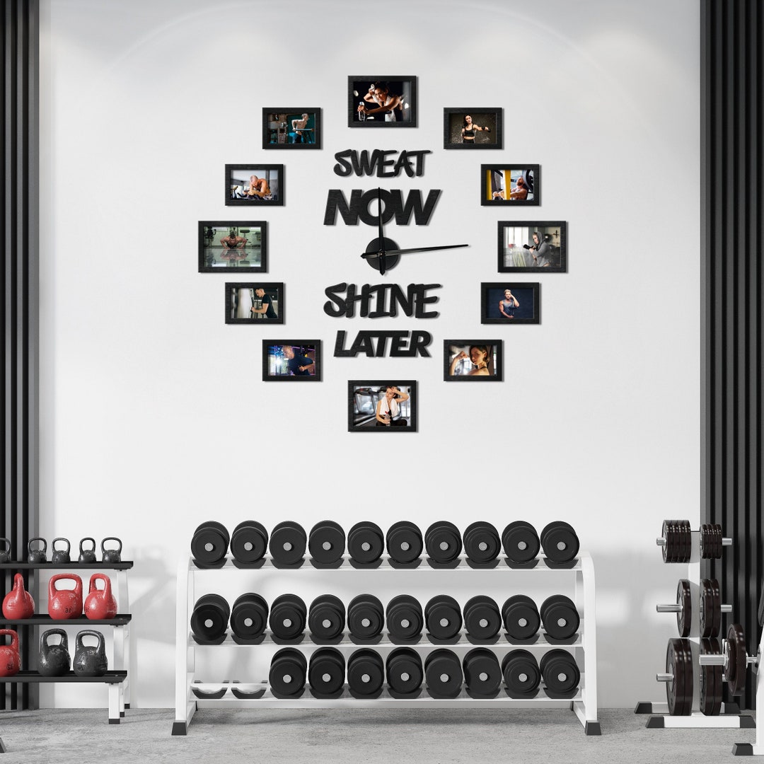 Home Gym Decor, Large Wall Clock With Photoframes, Signs for Workout ...