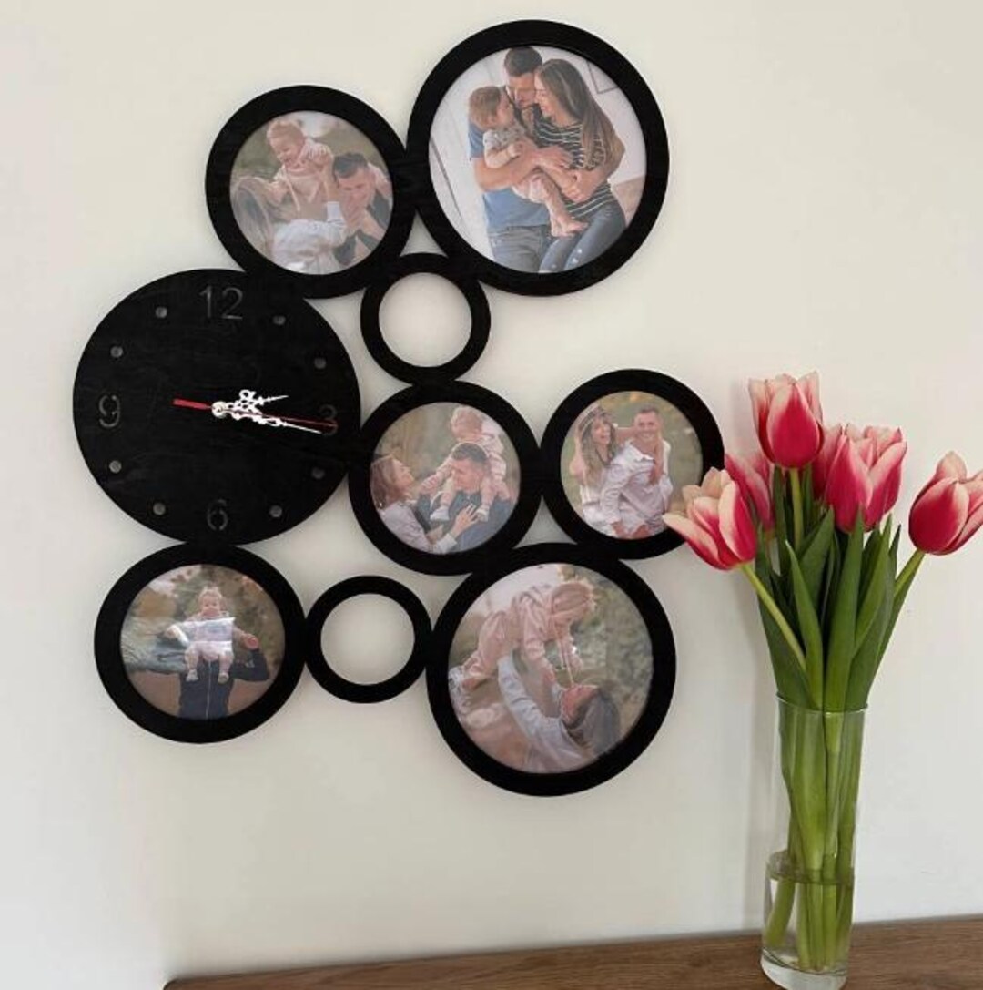 Round Wood Photo Clock Collage | Modern Black Eco Wall Timepiece ...