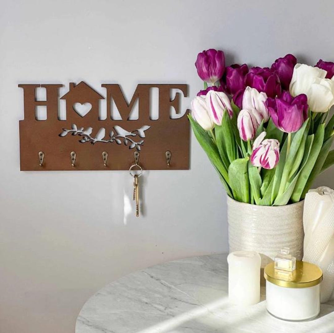 Rustic Wall Key Holder With Birdhouse Design – Metal HOME Sign Hook ...