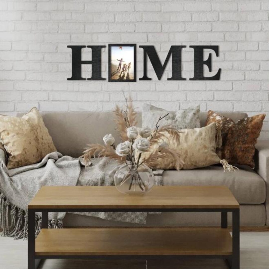 Wooden Home Sign With Photo Frame – Rustic Wall Letters, Minimalist ...