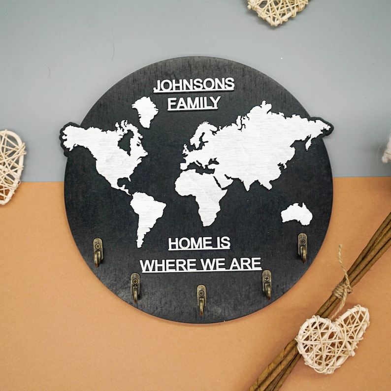 The World Map Wooden Key Holder for Wall Family Key Holder - Etsy