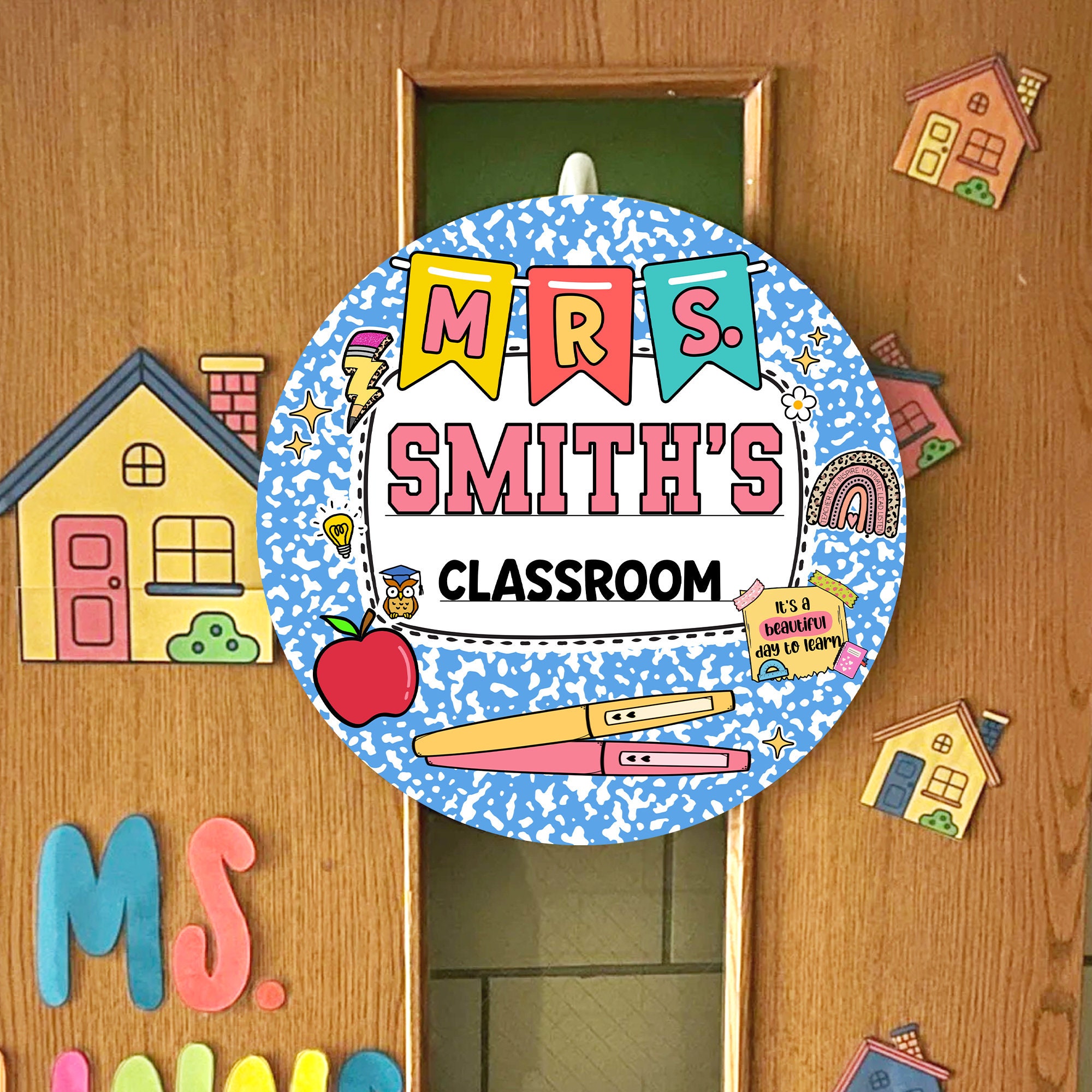 Personalized Teacher Door Sign, Composition Notebook Door Sign, Groovy ...