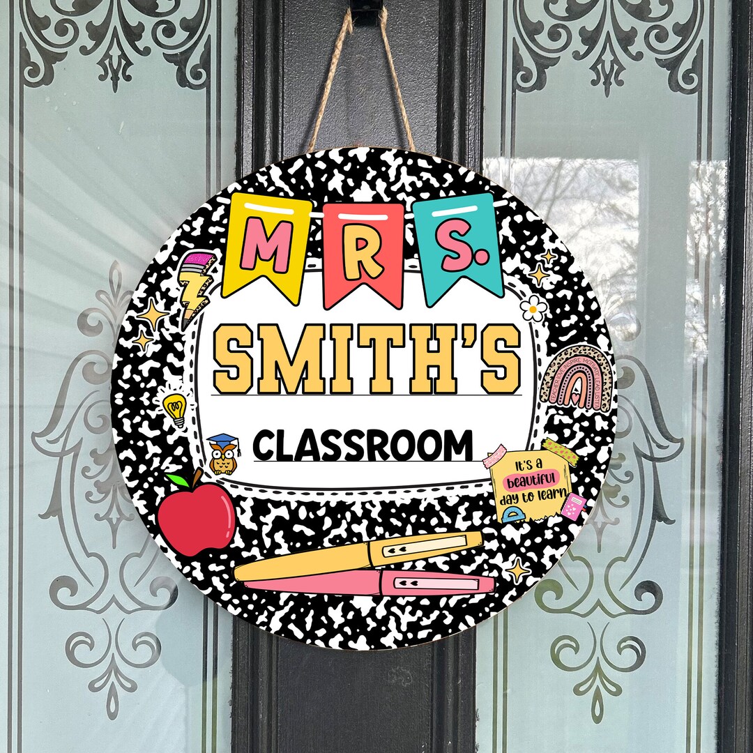 Personalized Teacher Door Sign, Composition Notebook Door Sign, Groovy ...