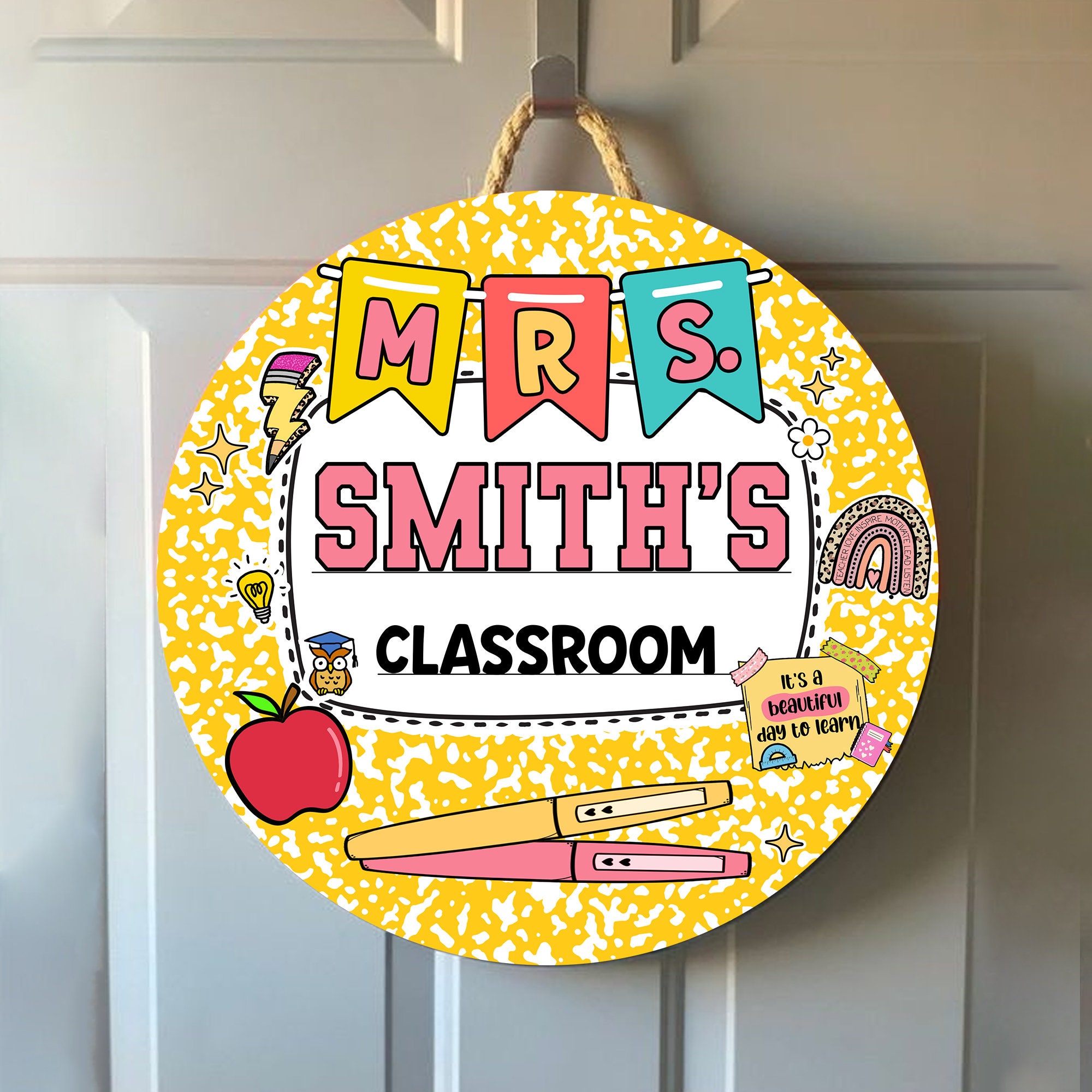 Personalized Teacher Door Sign, Composition Notebook Door Sign, Groovy ...