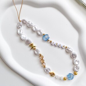 Isla Blue Personalized Phone Charm | Iridescent Clam Shell Beads ...