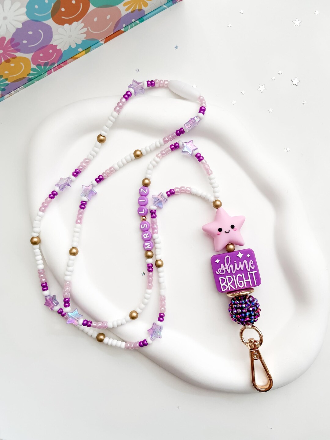 Shine Bright Lanyard | Lavender Smiley Star Beads | Purple Seed Beads ...