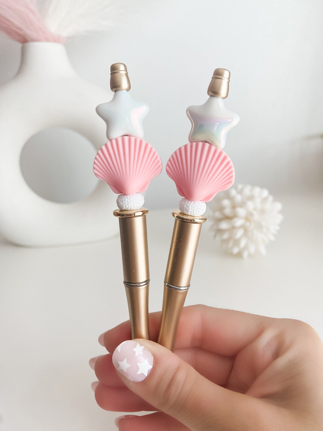 Pink Clam Shell Pen | Iridescent Star Rhinestone Beads | Coastal Beach ...