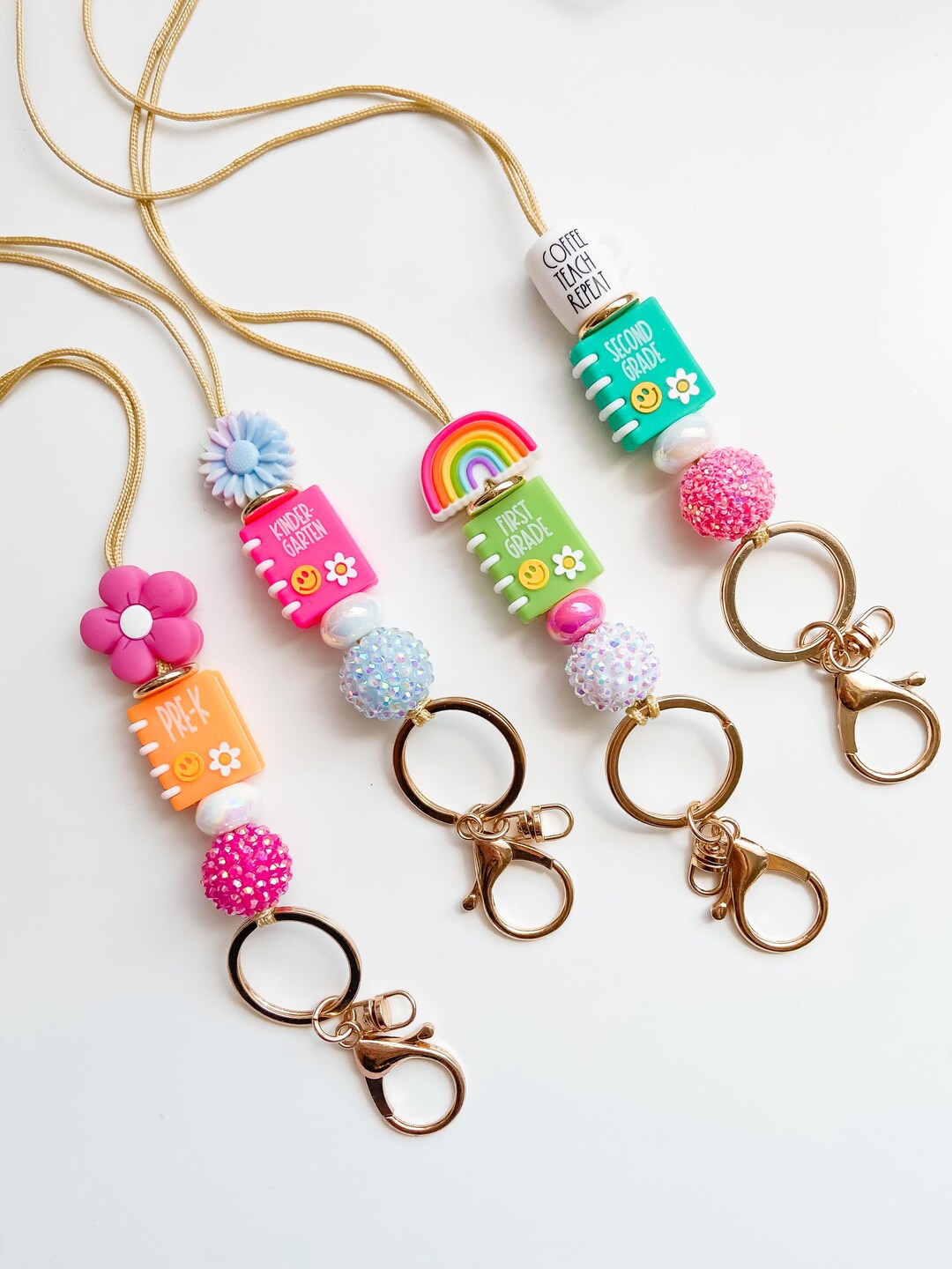 Grade Level Teacher Lanyards Rainbow Pink Apple Book Lover Happy Face ...