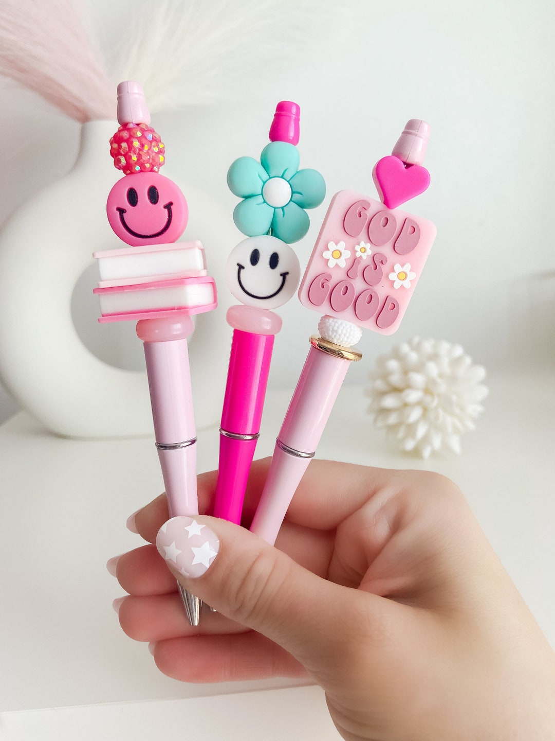 Beaded Pens | Pink Smiley Face | Books | God is Good | Silicone Focal ...