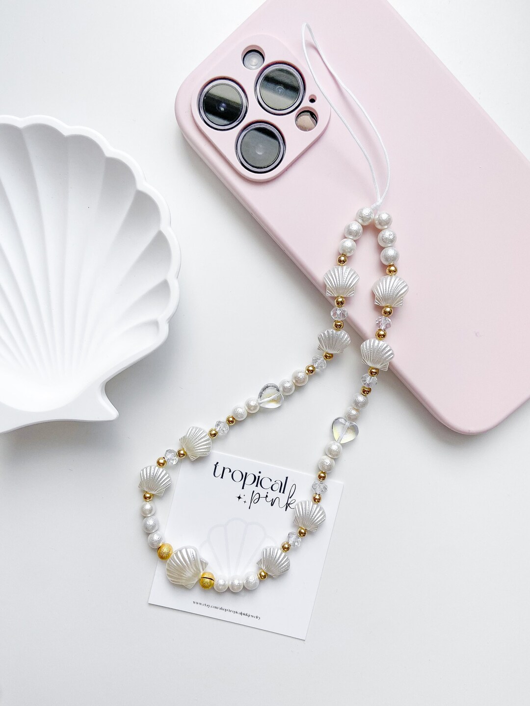 Sunkissed Clam Shell Coastal Themed Cell Phone Charm | White Pearls ...