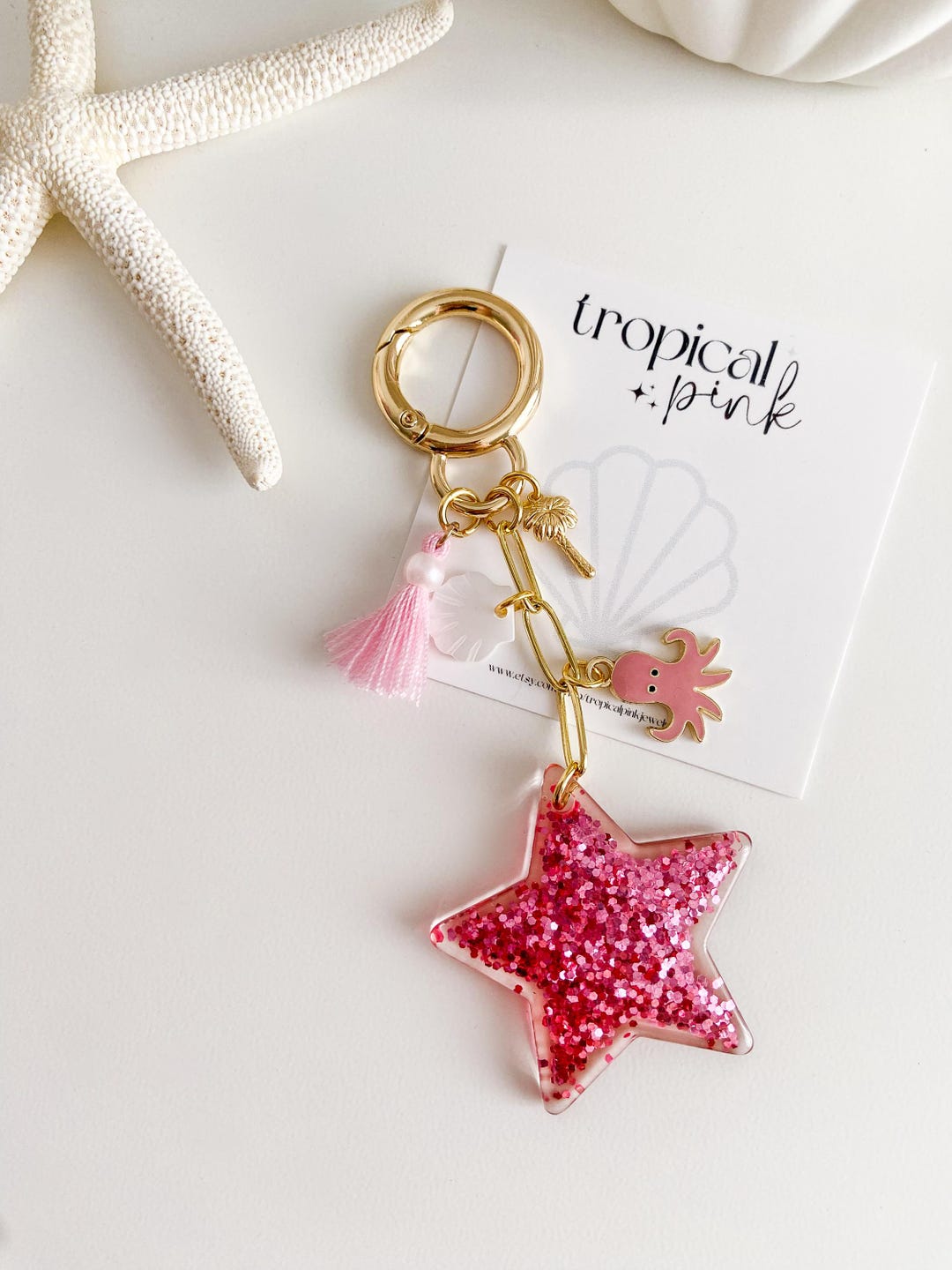 Coastal Glitter Star Keychain | Pink Octopus | Palm Tree Starfish ...
