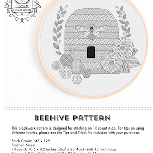 Blackwork Embroidery Pattern - Beehive Embroidery Pattern - Unique Blackwork Pattern of Bees and ...