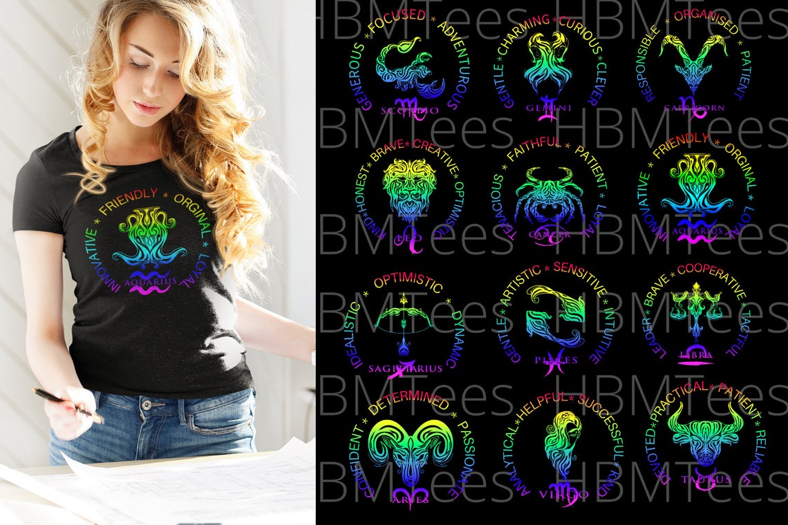 Zodiac PNG, Rainbow Zodiac Star Sign Bundle, PNG Sublimation Design ...