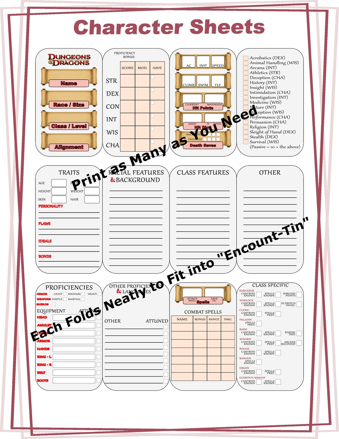 Dungeons and Dragons Character Sheets - Designed to Fit in Our "encount ...