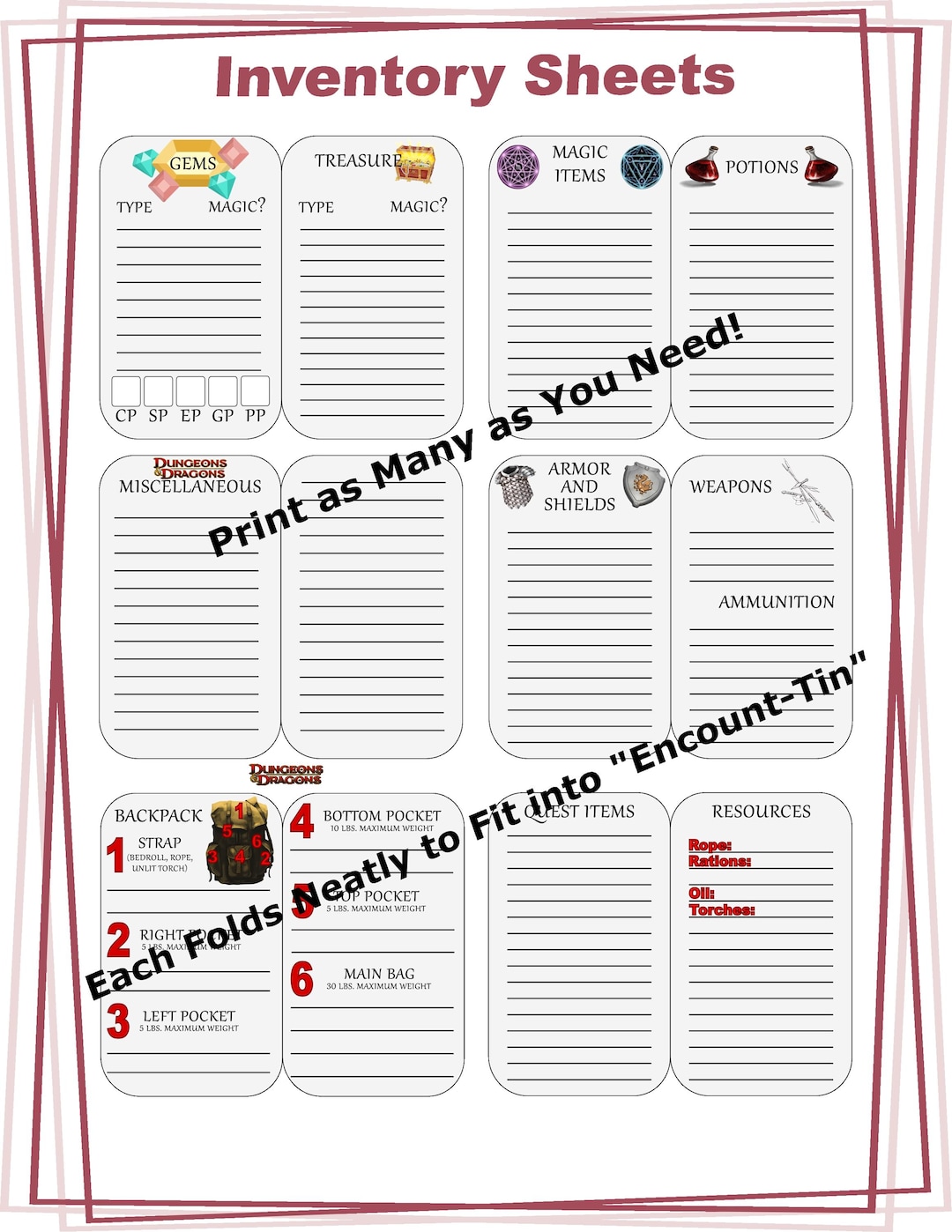 Dungeons and Dragons Character Inventory Sheets-designed to Fit in Our ...