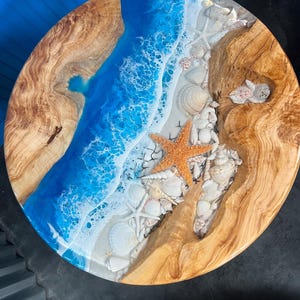 Ocean View Sea Shells, Sand and Ocean Waves Round Table | Coffee Table ...