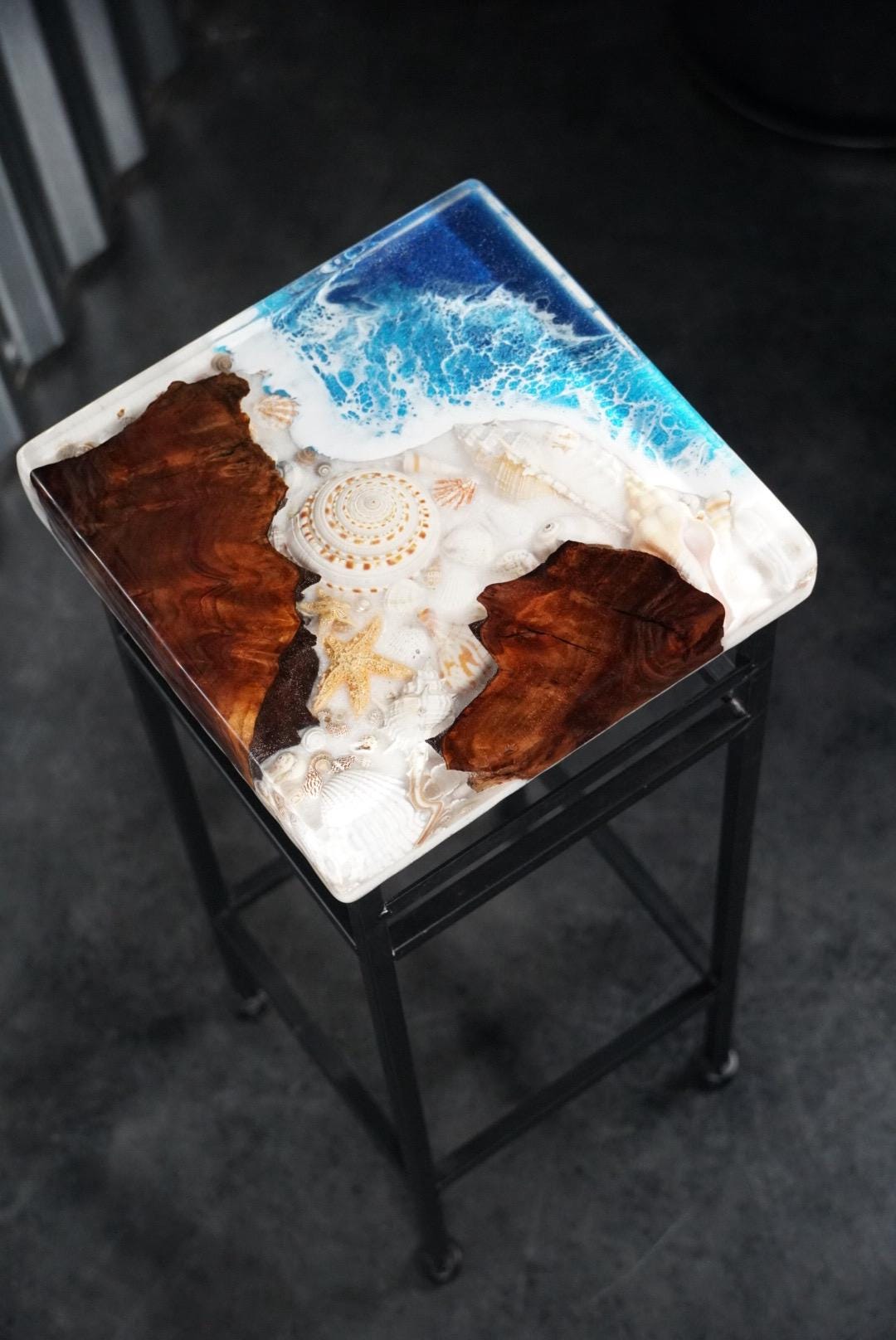 SEA SCAPE BURL Epoxy Resin Table With Walnut Burl, Ocean Waves, Sand ...
