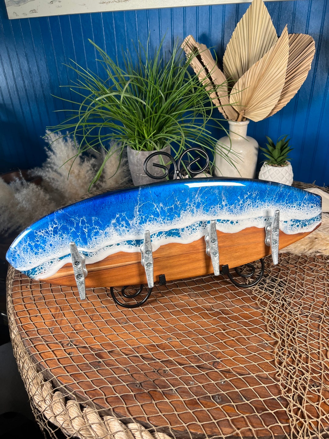 Teak Wood Ocean Waves Resin Surfboard Coat or Towel Hanger - Etsy