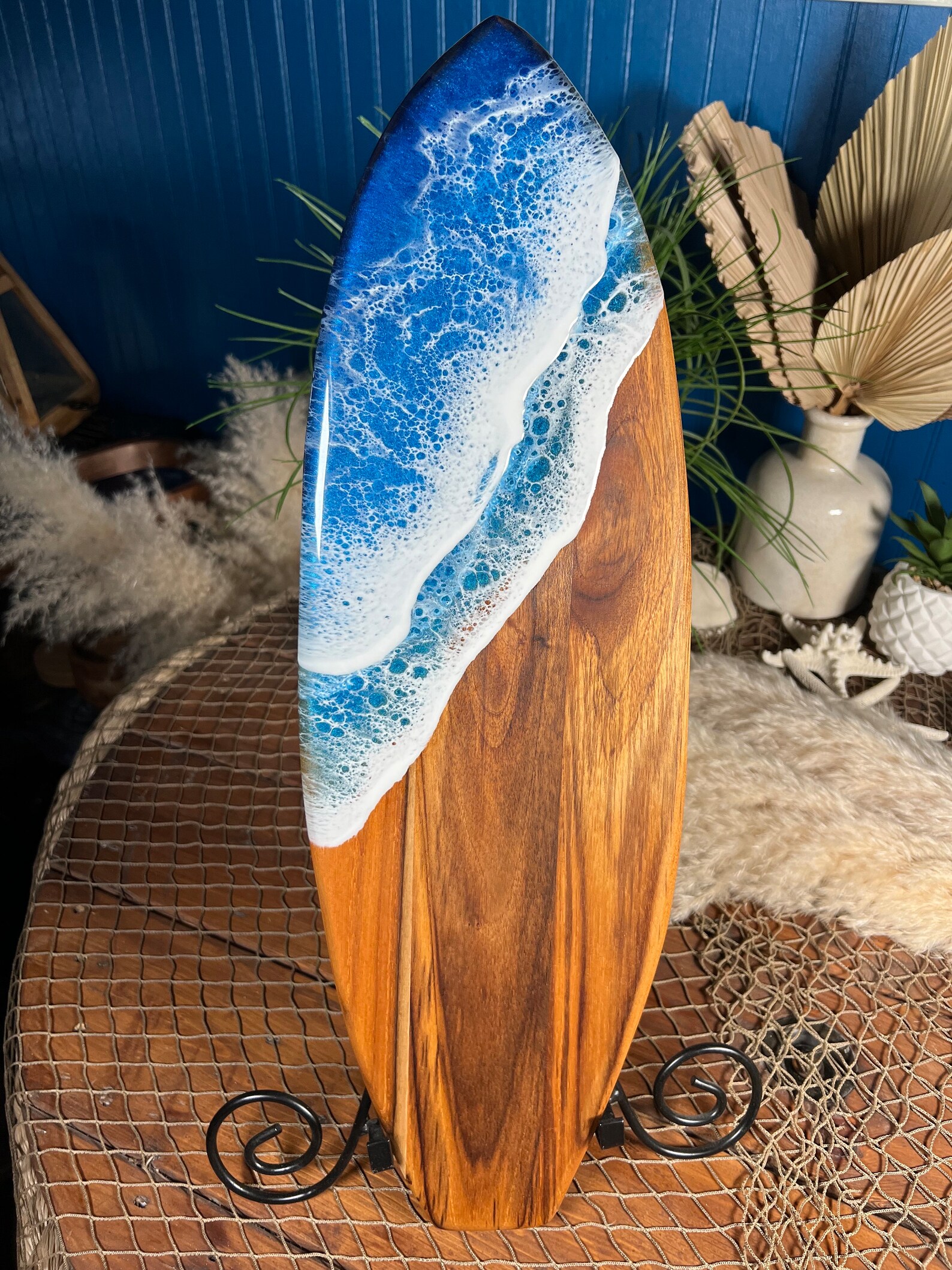 Teak Ocean Waves Resin Surfboard, Serving Tray, Charcuterie Board, Wall ...