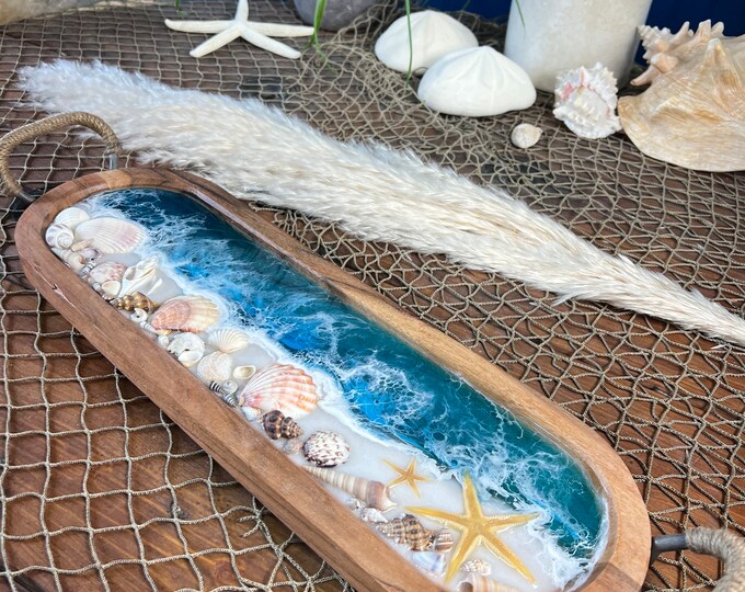 Beach Tray Round Clear TEAL Blue Water Beach Glass Seaglass Shoreline ...