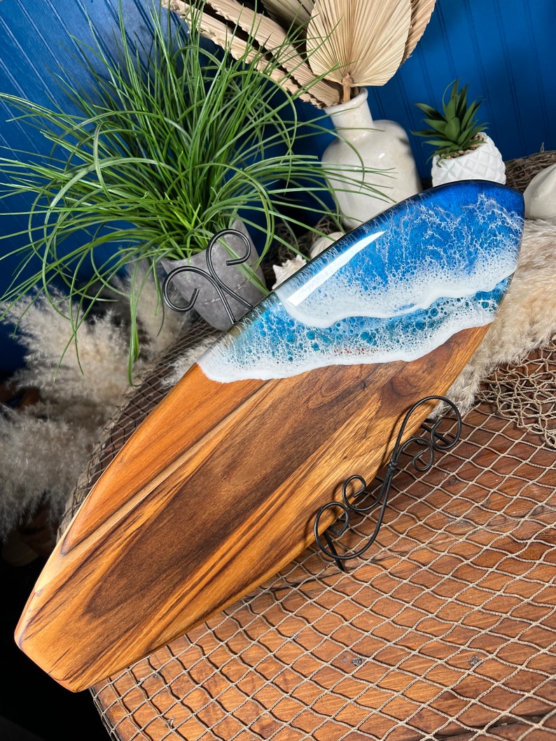 Teak Ocean Waves Resin Surfboard, Serving Tray, Charcuterie Board, Wall ...