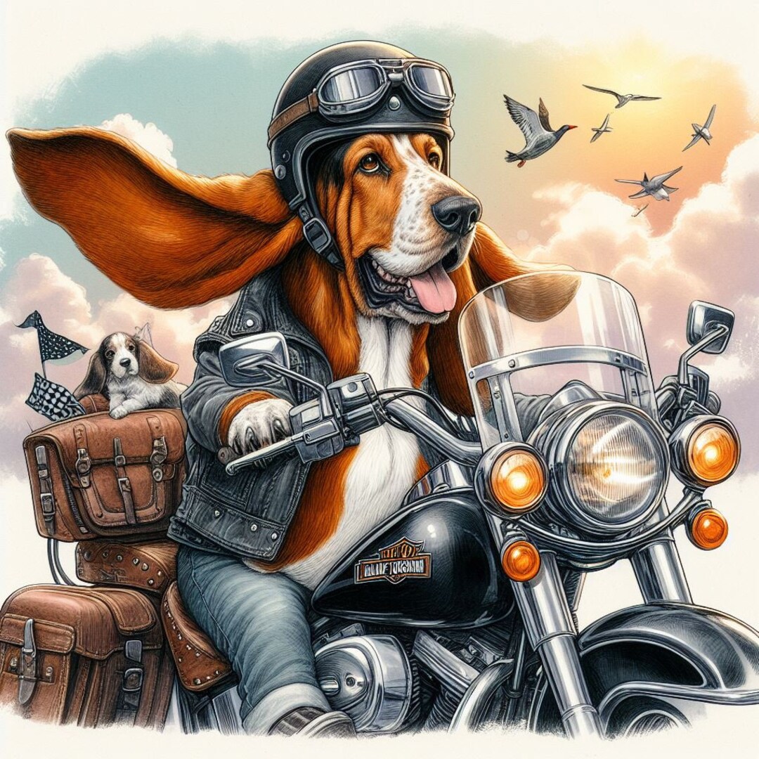 Basset Hound Dog on a Harley Davidson Birthday Card or General ...