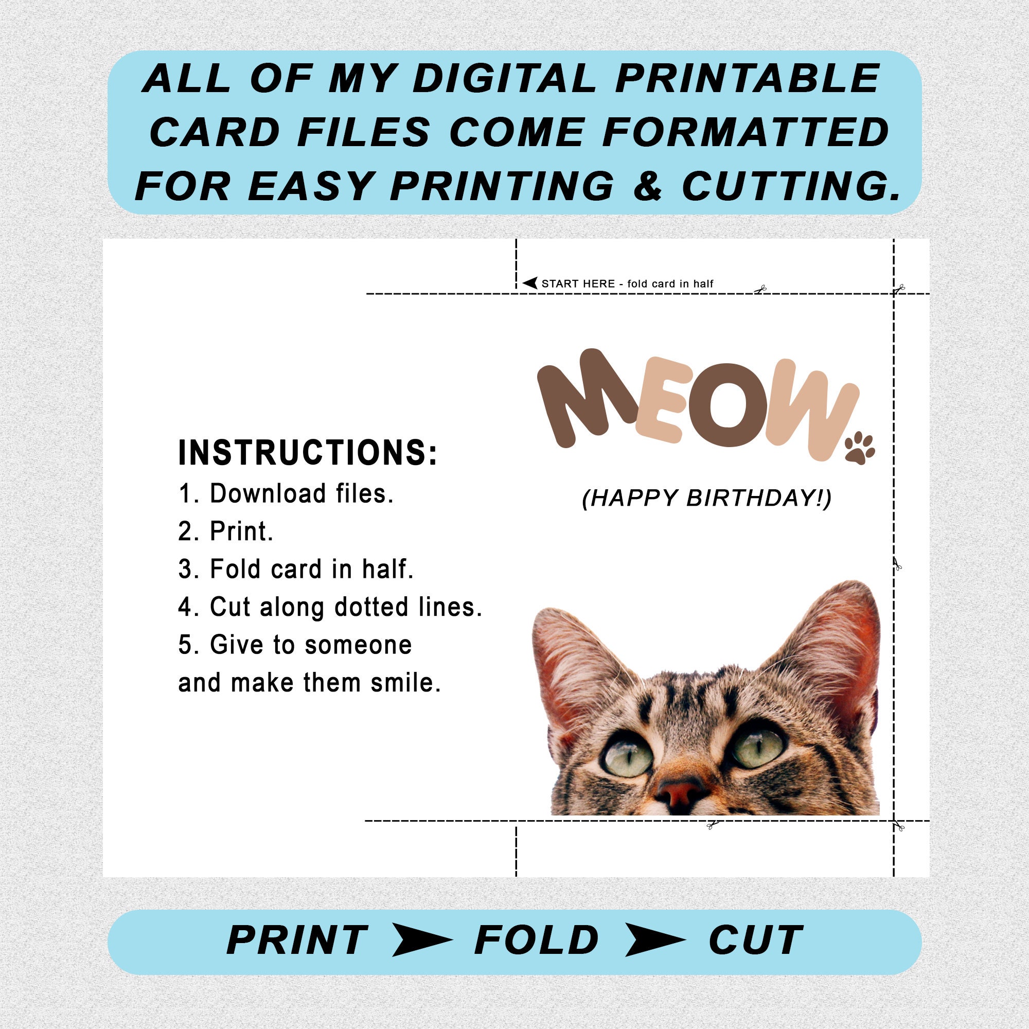 Printable Cat Birthday Card, Meow Happy Birthday, for Cat Lover, Cute ...