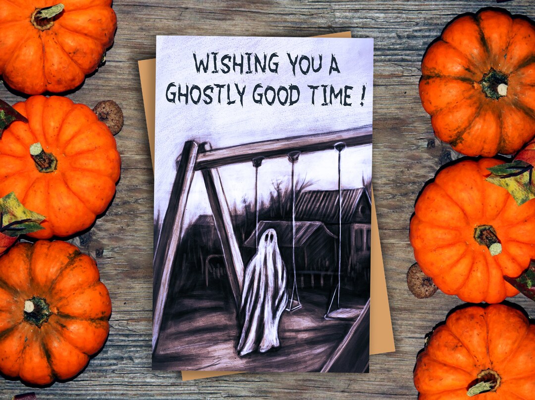 Creepy Ghost Illustrated Halloween Postcard, Horror Macabre Greeting ...