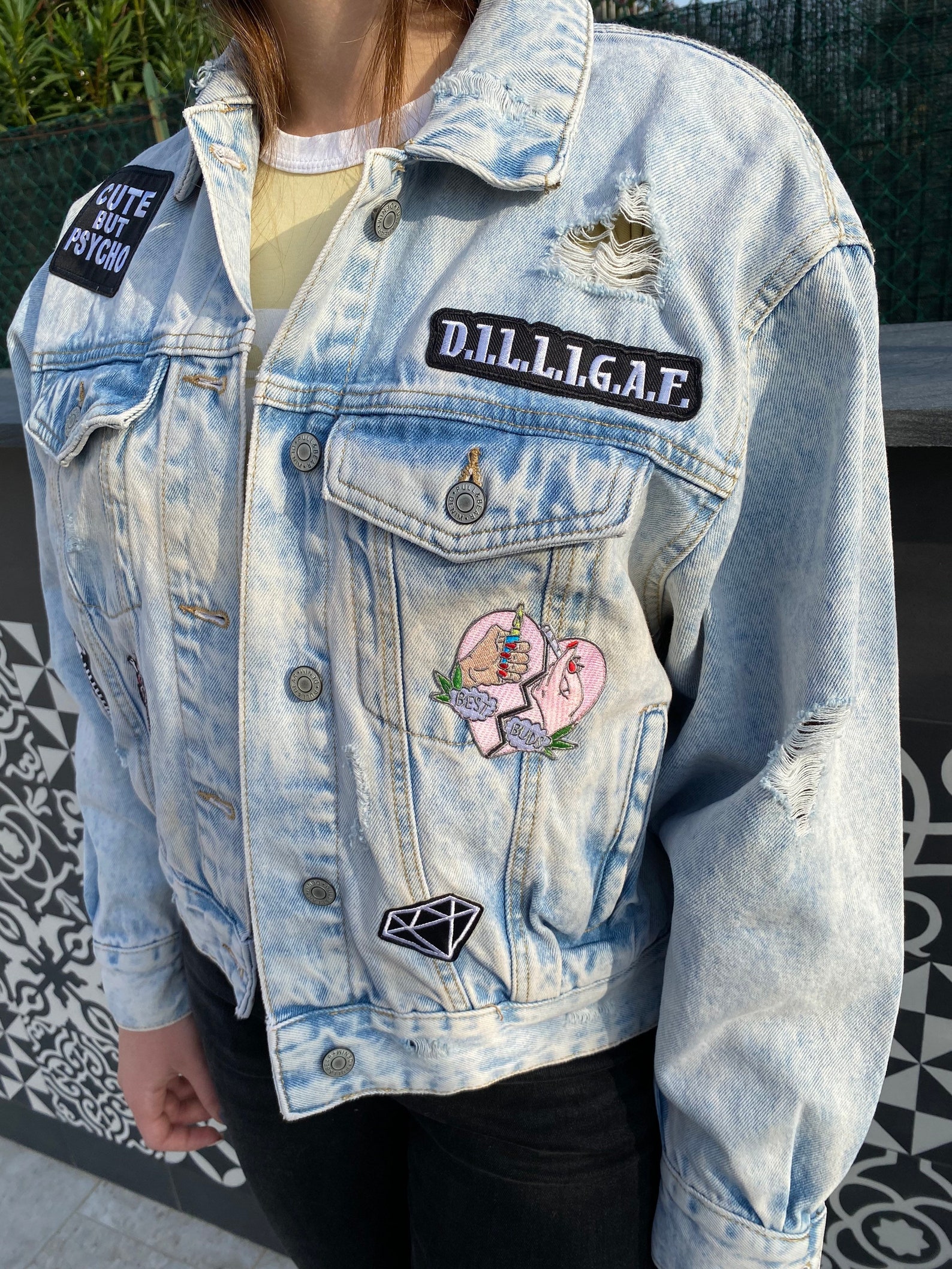 Pink Rock Punk Patch Jacket, Vintage Style Jacket, Embroidered Patches ...
