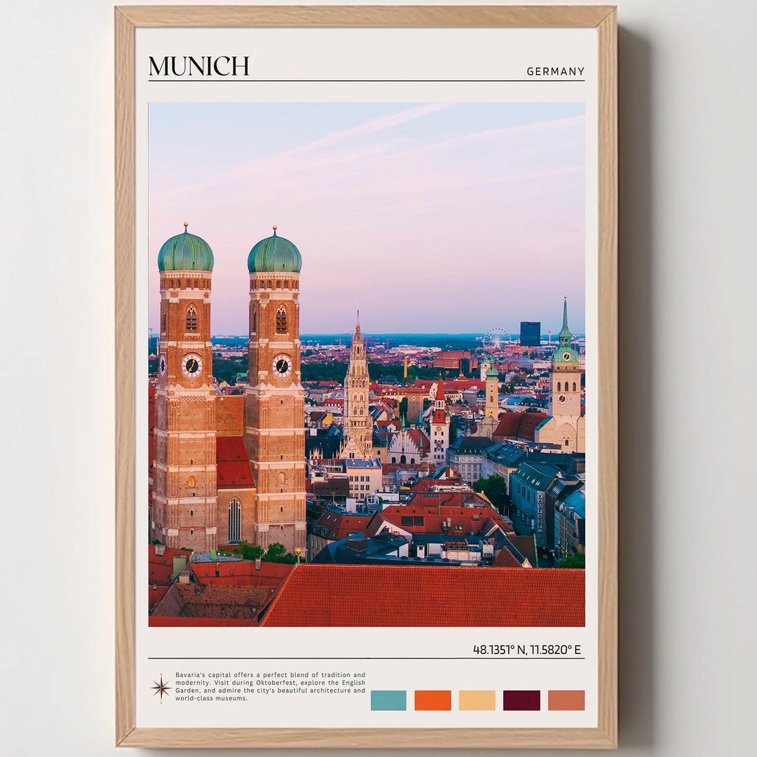 Munich Germany Travel Poster, Bavarian City Skyline Wall Art, Europe ...