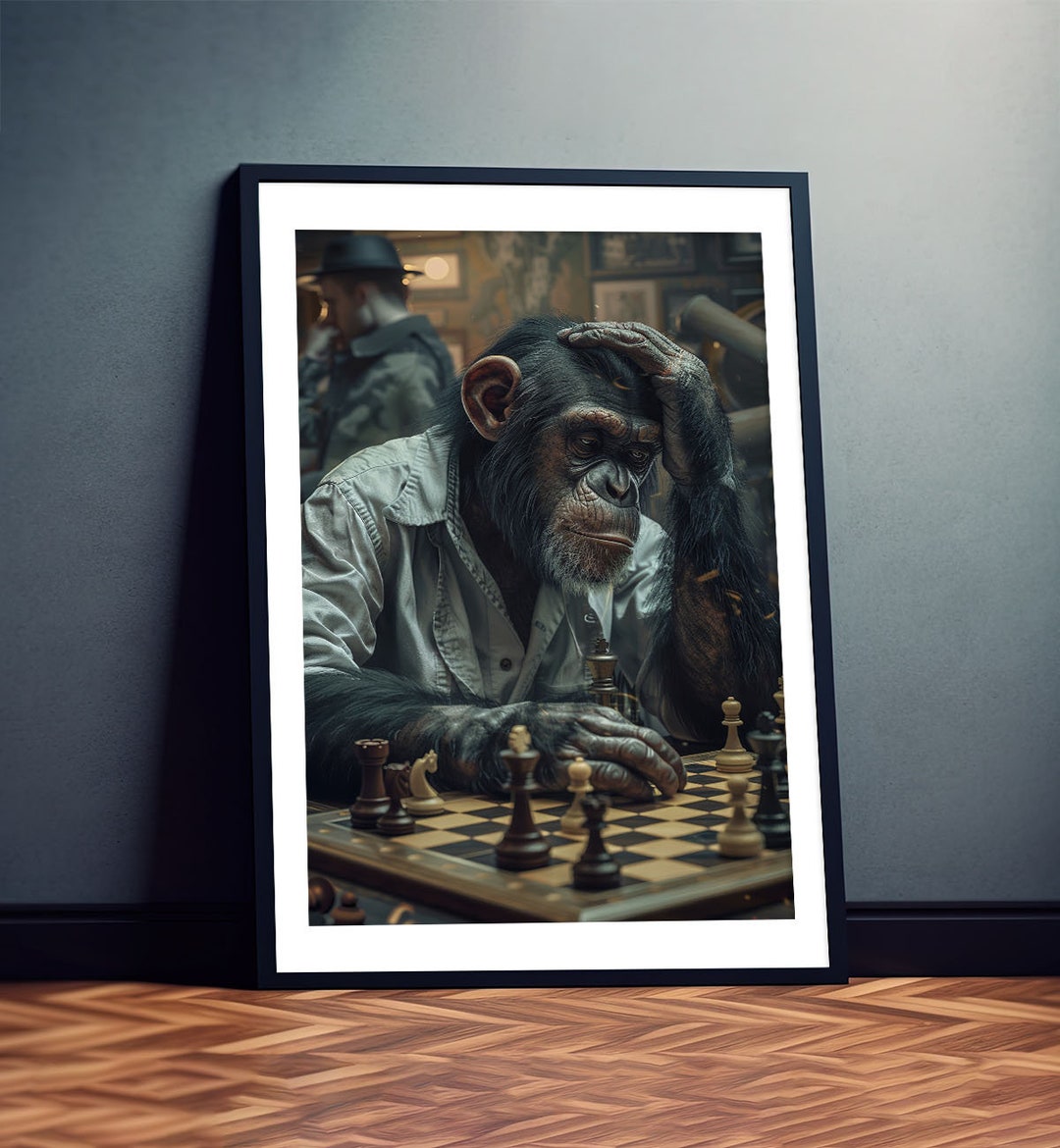 Chimpanzee Pondering While Playing Chess Art Print Poster Picture to ...
