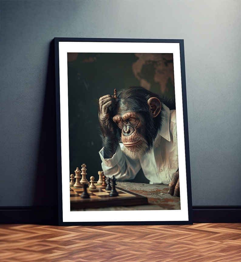 Chimpanzee Playing Chess Art Print Poster Picture to Frame Wall Art for ...