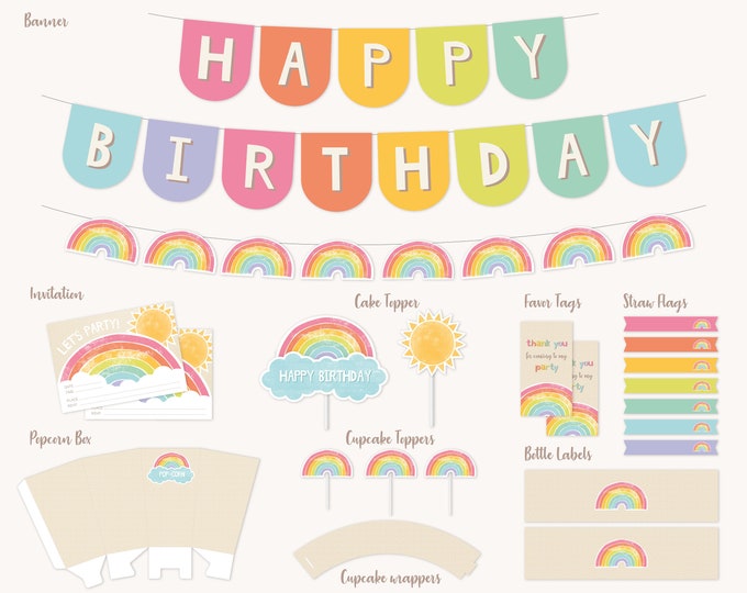 Pastel Rainbow Party Decorations, Printable Editable Rainbow Party ...