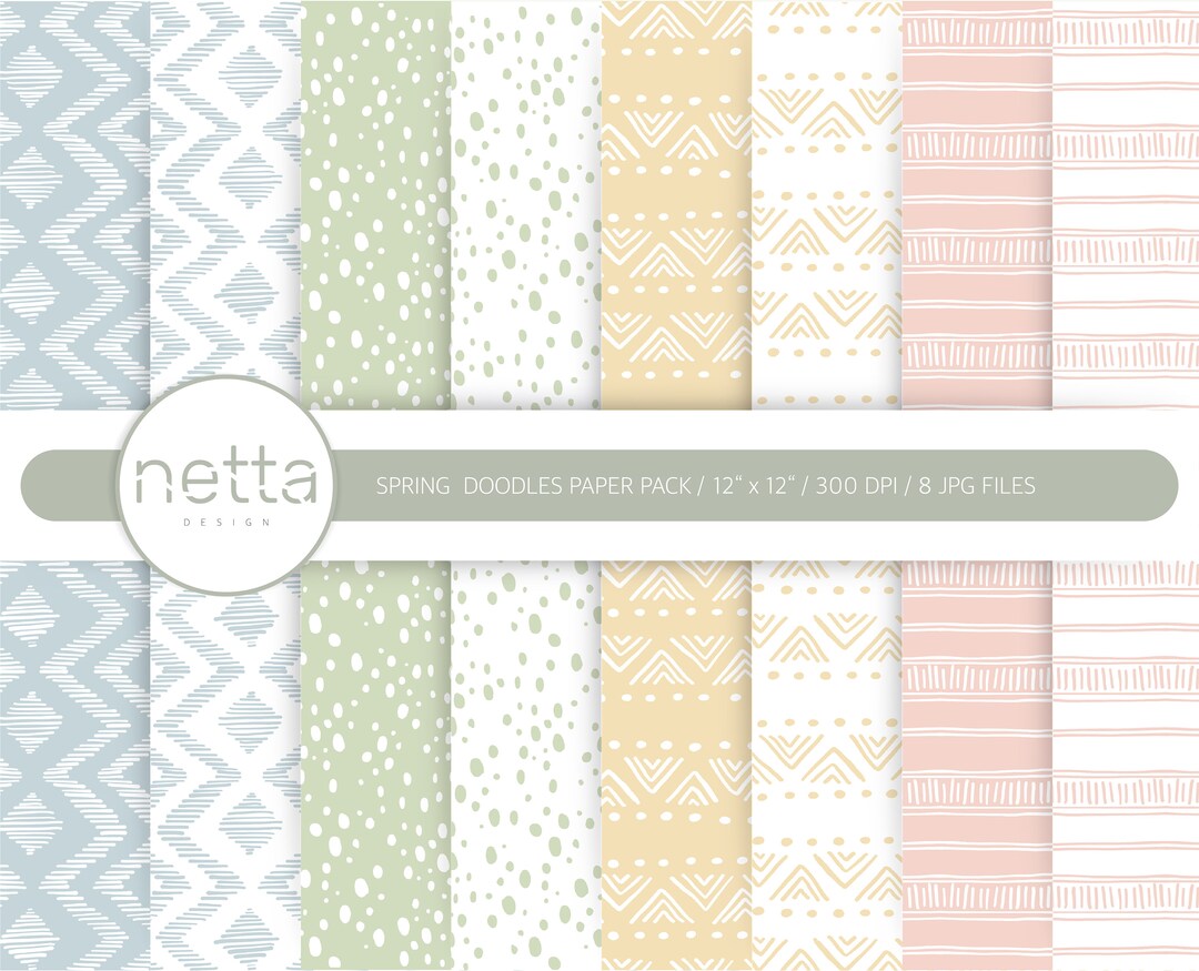 Doodle Digital Paper Pack, Spring Digital Papers, Hand Drawn Patterns ...