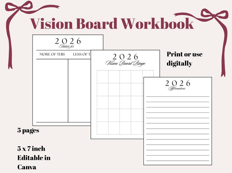 2026 Vision Board Workbook | Self Growth, Manifestation (editable PDF ...