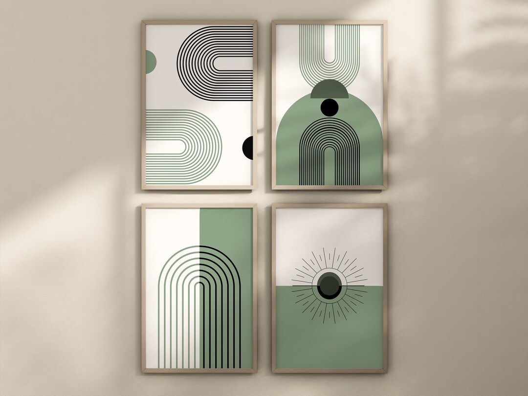 Set of 4 Mid Century Modern Sage Green Wall Art Digital Download, 4 ...